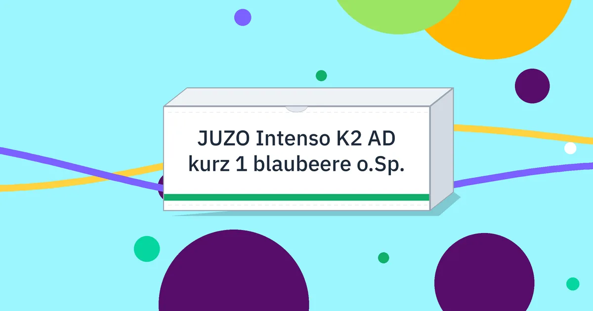 Symbolbild: Packung mit der Aufschrift JUZO Intenso K2 AD kurz 1 blaubeere o.Sp. (PZN 18618060) – Verfügbarkeit und Bezug in Apotheken in Frankfurt am Main