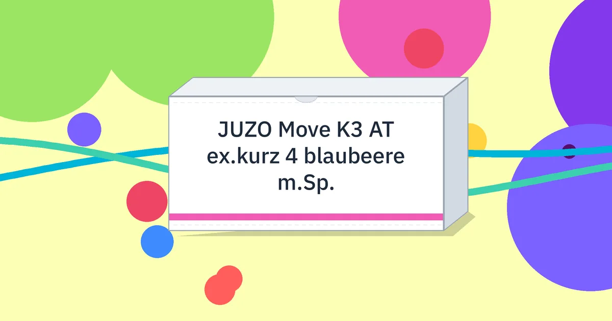 Symbolbild: Packung mit der Aufschrift JUZO Move K3 AT ex.kurz 4 blaubeere m.Sp. (PZN 20680126) – Verfügbarkeit und Bezug in Apotheken in Frankfurt am Main