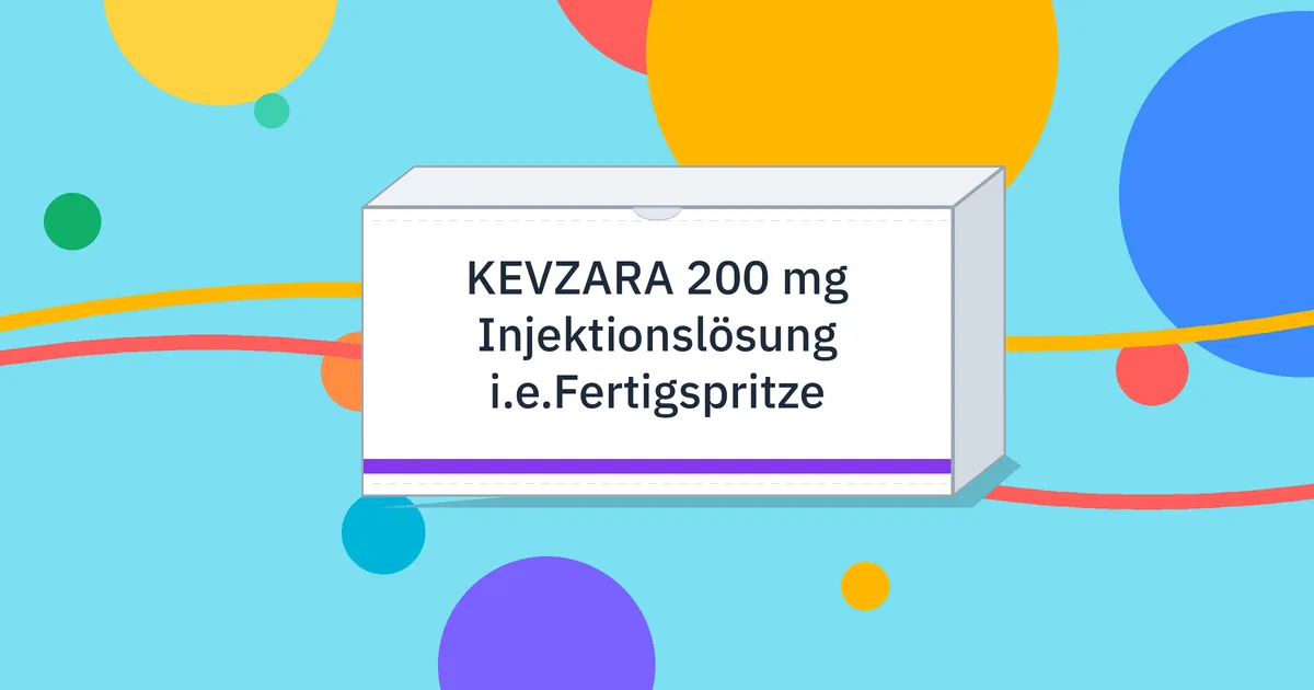 Symbolbild: Packung mit der Aufschrift KEVZARA 200 mg Injektionslösung i.e.Fertigspritze (PZN 12727196) – Verfügbarkeit und Bezug in Apotheken in Frankfurt am Main