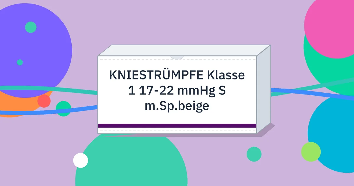 Symbolbild: Packung mit der Aufschrift KNIESTRÜMPFE Klasse 1 17-22 mmHg S m.Sp.beige (PZN 19072284) – Verfügbarkeit und Bezug in Apotheken in Frankfurt am Main