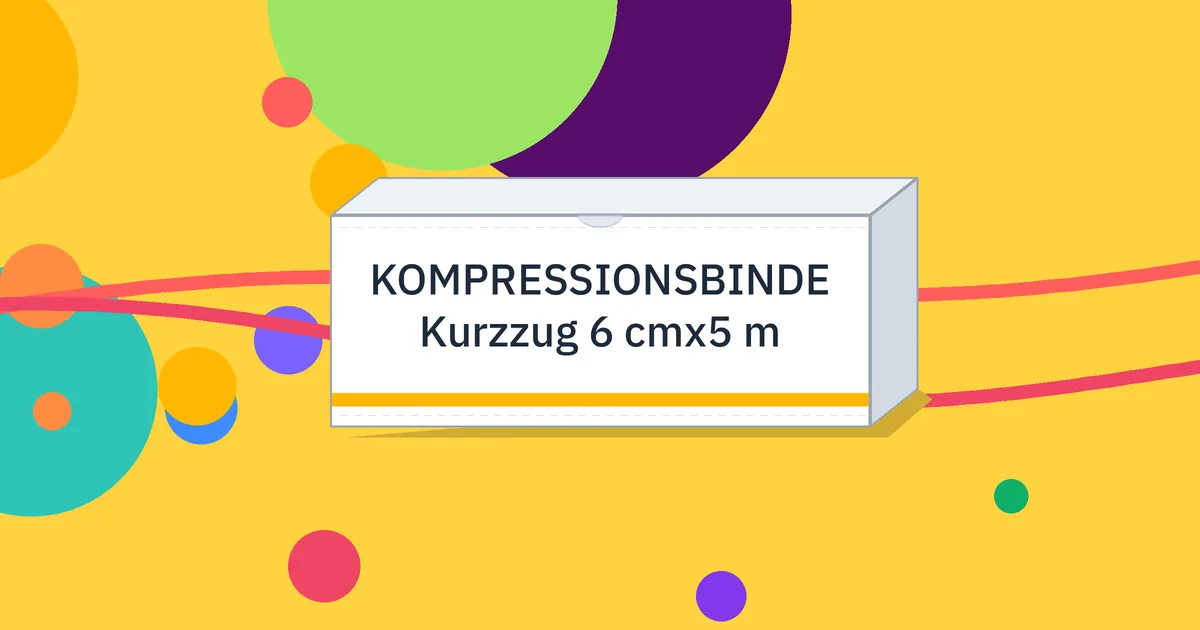 Symbolbild: Packung mit der Aufschrift KOMPRESSIONSBINDE Kurzzug 6 cmx5 m (PZN 07550577) – Verfügbarkeit und Bezug in Apotheken in Frankfurt am Main