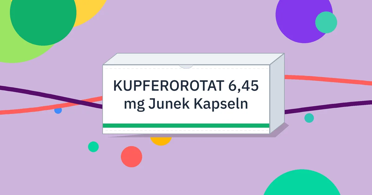 Symbolbild: Packung mit der Aufschrift KUPFEROROTAT 6,45 mg Junek Kapseln (PZN 11658671) – Verfügbarkeit und Bezug in Apotheken in Frankfurt am Main