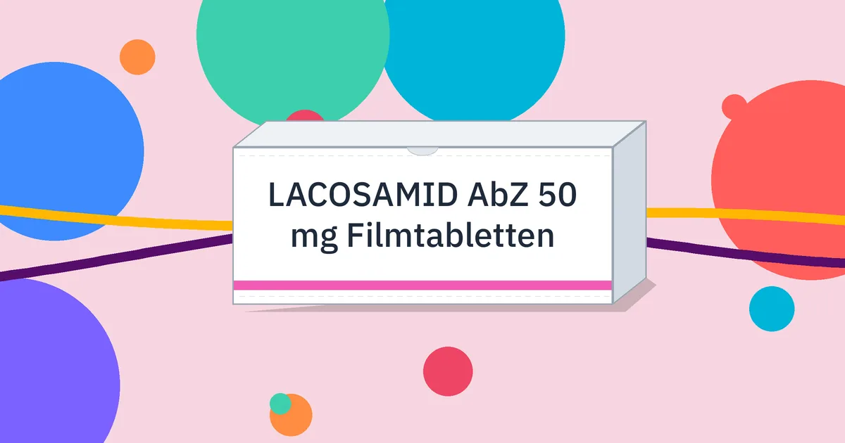 Symbolbild: Packung mit der Aufschrift LACOSAMID AbZ 50 mg Filmtabletten (PZN 14352346) – Verfügbarkeit und Bezug in Apotheken in Frankfurt am Main