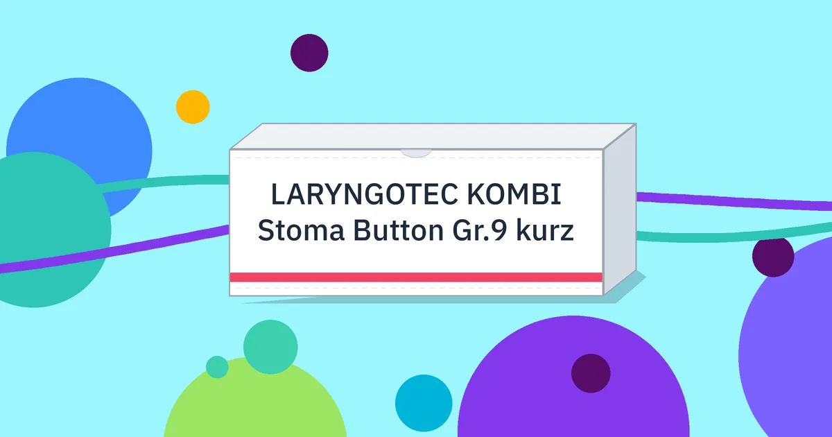 Symbolbild: Packung mit der Aufschrift LARYNGOTEC KOMBI Stoma Button Gr.9 kurz (PZN 01120551) – Verfügbarkeit und Bezug in Apotheken in Frankfurt am Main
