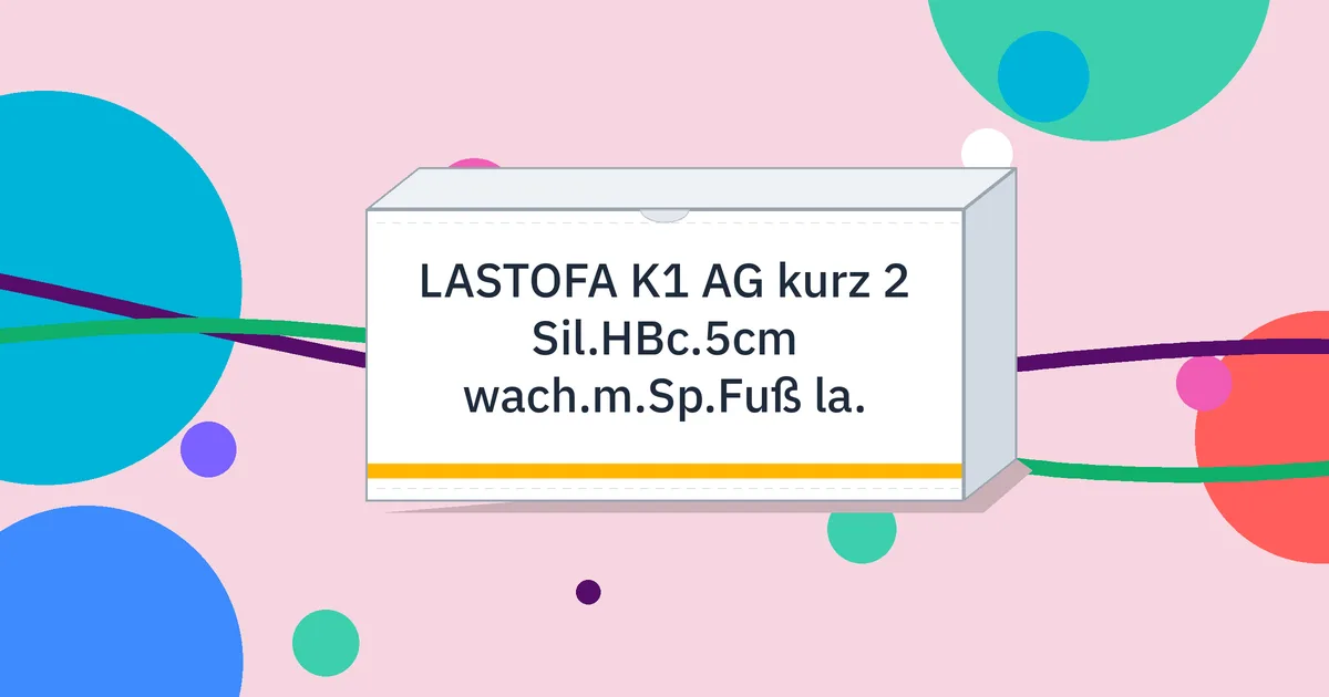 Symbolbild: Packung mit der Aufschrift LASTOFA K1 AG kurz 2 Sil.HBc.5cm wach.m.Sp.Fuß la. (PZN 13790044) – Verfügbarkeit und Bezug in Apotheken in Frankfurt am Main