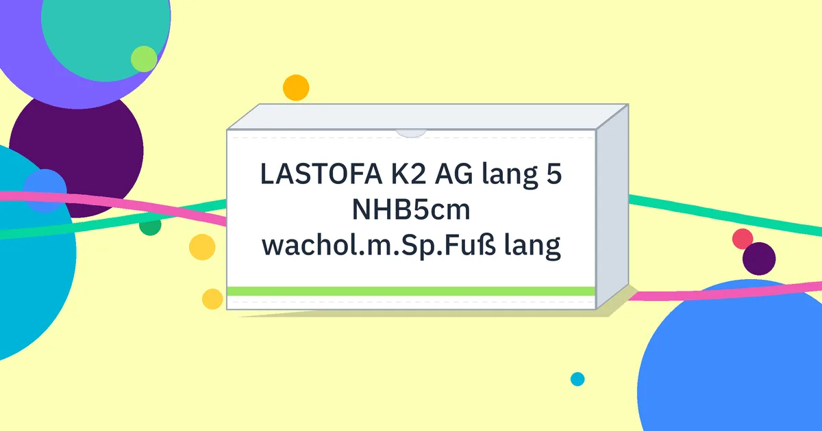 Symbolbild: Packung mit der Aufschrift LASTOFA K2 AG lang 5 NHB5cm wachol.m.Sp.Fuß lang (PZN 13806466) – Verfügbarkeit und Bezug in Apotheken in Frankfurt am Main