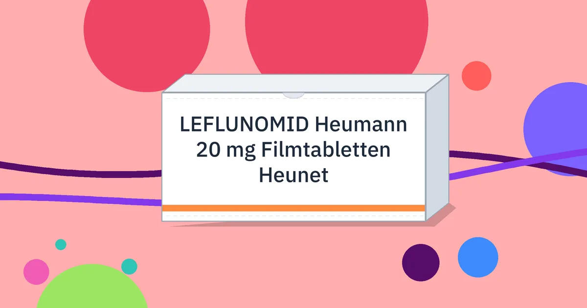 Symbolbild: Packung mit der Aufschrift LEFLUNOMID Heumann 20 mg Filmtabletten Heunet (PZN 16196732) – Verfügbarkeit und Bezug in Apotheken in Frankfurt am Main