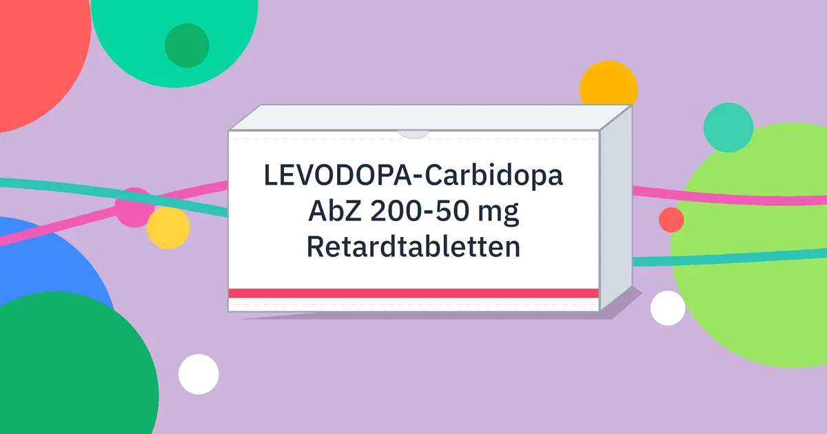 Symbolbild: Packung mit der Aufschrift LEVODOPA-Carbidopa AbZ 200-50 mg Retardtabletten (PZN 10395152) – Verfügbarkeit und Bezug in Apotheken in Frankfurt am Main