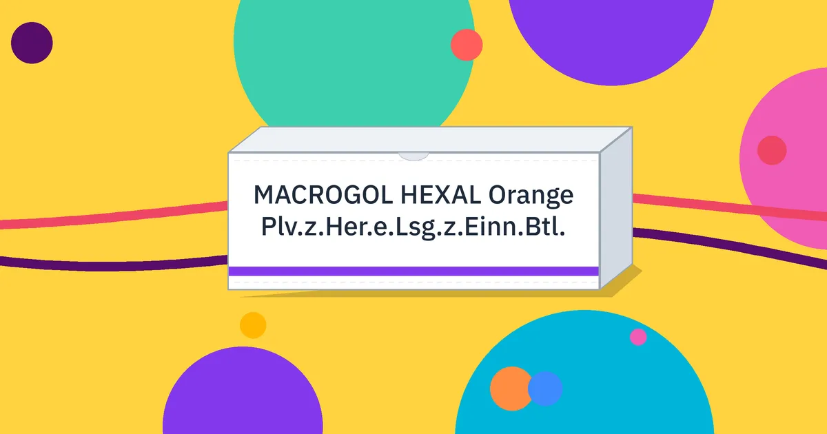 Symbolbild: Packung mit der Aufschrift MACROGOL HEXAL Orange Plv.z.Her.e.Lsg.z.Einn.Btl. (PZN 11553707) – Verfügbarkeit und Bezug in Apotheken in Frankfurt am Main