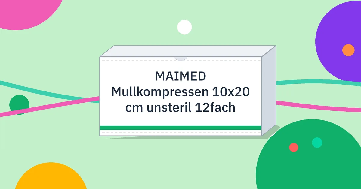 Symbolbild: Packung mit der Aufschrift MAIMED Mullkompressen 10x20 cm unsteril 12fach (PZN 01345994) – Verfügbarkeit und Bezug in Apotheken in Frankfurt am Main