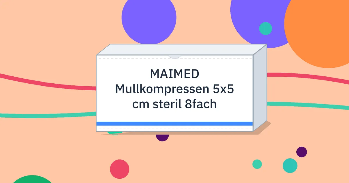 Symbolbild: Packung mit der Aufschrift MAIMED Mullkompressen 5x5 cm steril 8fach (PZN 01216541) – Verfügbarkeit und Bezug in Apotheken in Frankfurt am Main