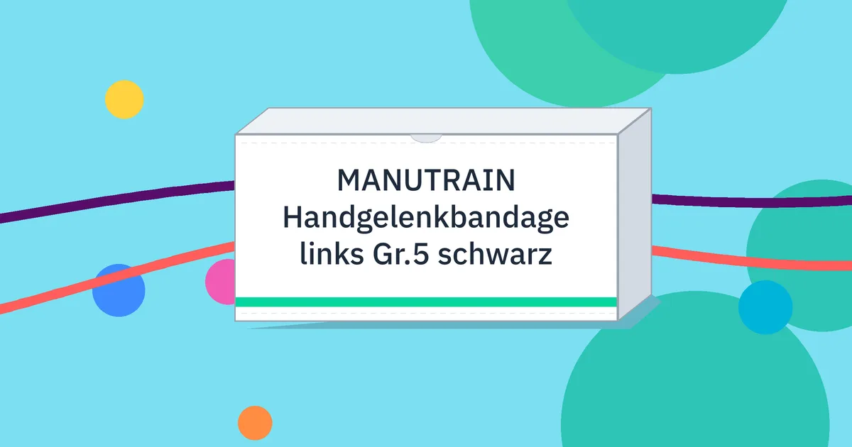 Symbolbild: Packung mit der Aufschrift MANUTRAIN Handgelenkbandage links Gr.5 schwarz (PZN 07552398) – Verfügbarkeit und Bezug in Apotheken in Frankfurt am Main