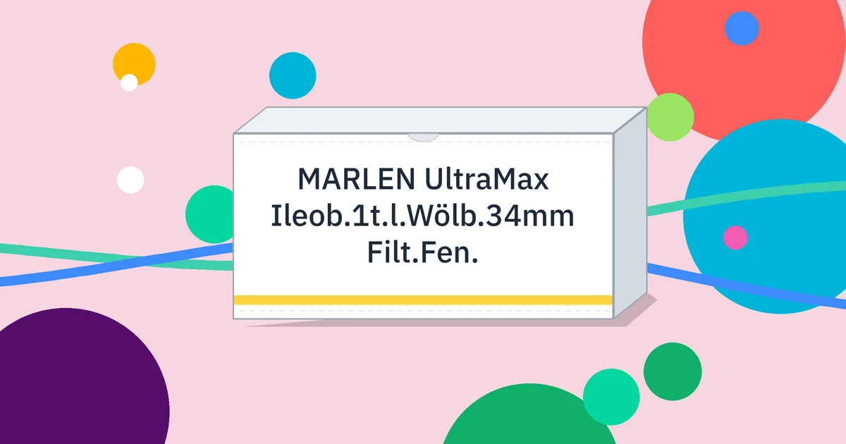 Symbolbild: Packung mit der Aufschrift MARLEN UltraMax Ileob.1t.l.Wölb.34mm Filt.Fen. (PZN 05354493) – Verfügbarkeit und Bezug in Apotheken in Frankfurt am Main