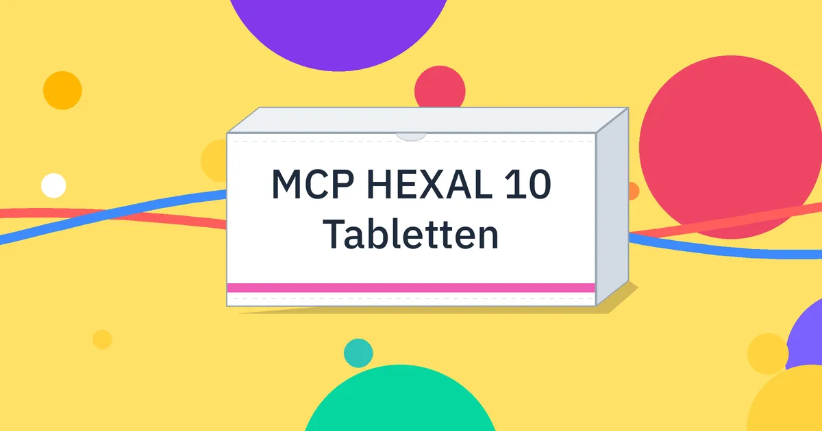 Symbolbild: Packung mit der Aufschrift MCP HEXAL 10 Tabletten (PZN 07553340) – Verfügbarkeit und Bezug in Apotheken in Frankfurt am Main
