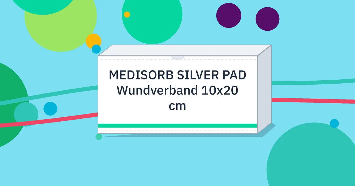 Symbolbild: Packung mit der Aufschrift MEDISORB SILVER PAD Wundverband 10x20 cm (PZN 18018839) – Verfügbarkeit und Bezug in Apotheken in Frankfurt am Main