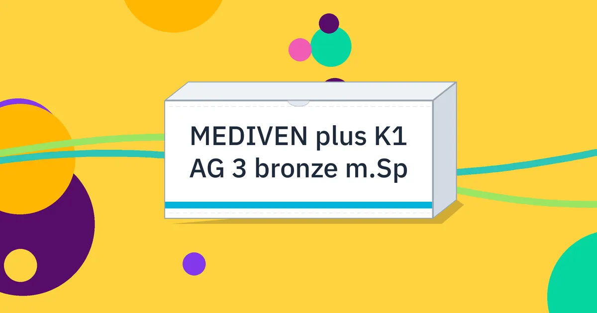 Symbolbild: Packung mit der Aufschrift MEDIVEN plus K1 AG 3 bronze m.Sp (PZN 15056561) – Verfügbarkeit und Bezug in Apotheken in Frankfurt am Main