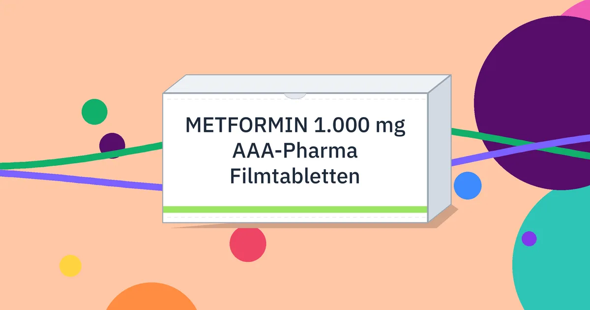 Symbolbild: Packung mit der Aufschrift METFORMIN 1.000 mg AAA-Pharma Filmtabletten (PZN 00459052) – Verfügbarkeit und Bezug in Apotheken in Frankfurt am Main