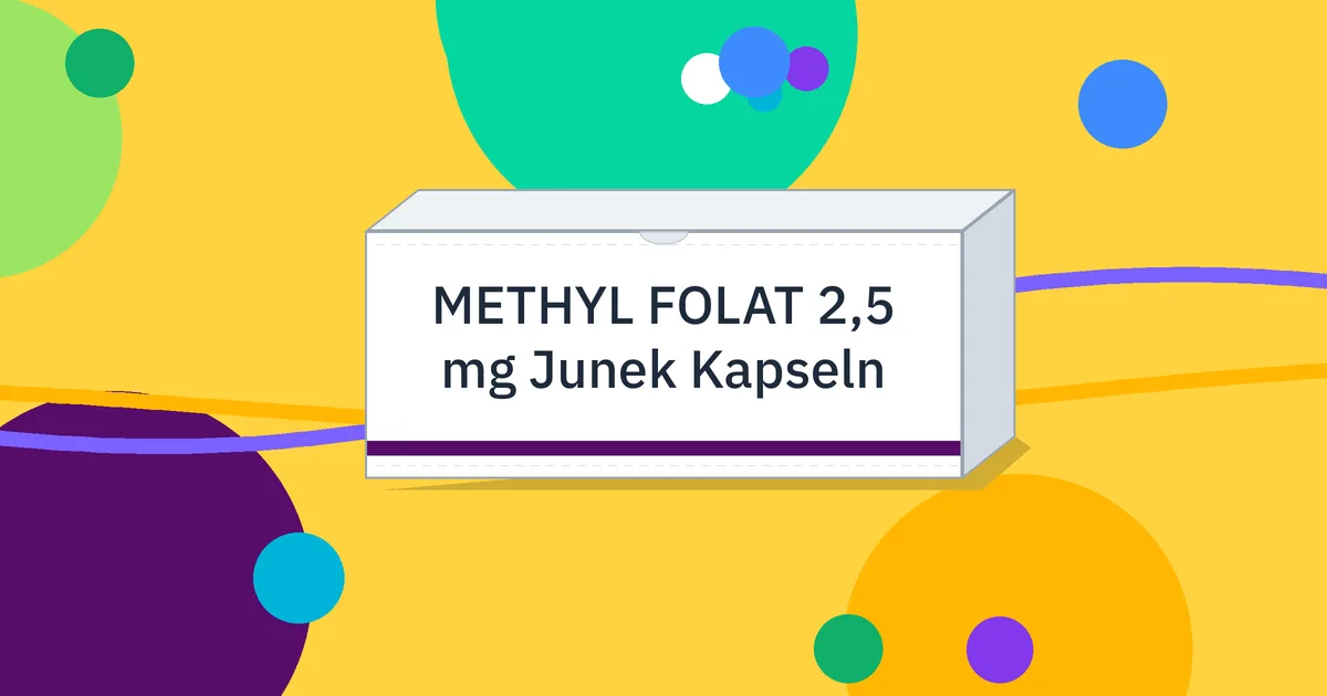 Symbolbild: Packung mit der Aufschrift METHYL FOLAT 2,5 mg Junek Kapseln (PZN 20051790) – Verfügbarkeit und Bezug in Apotheken in Frankfurt am Main