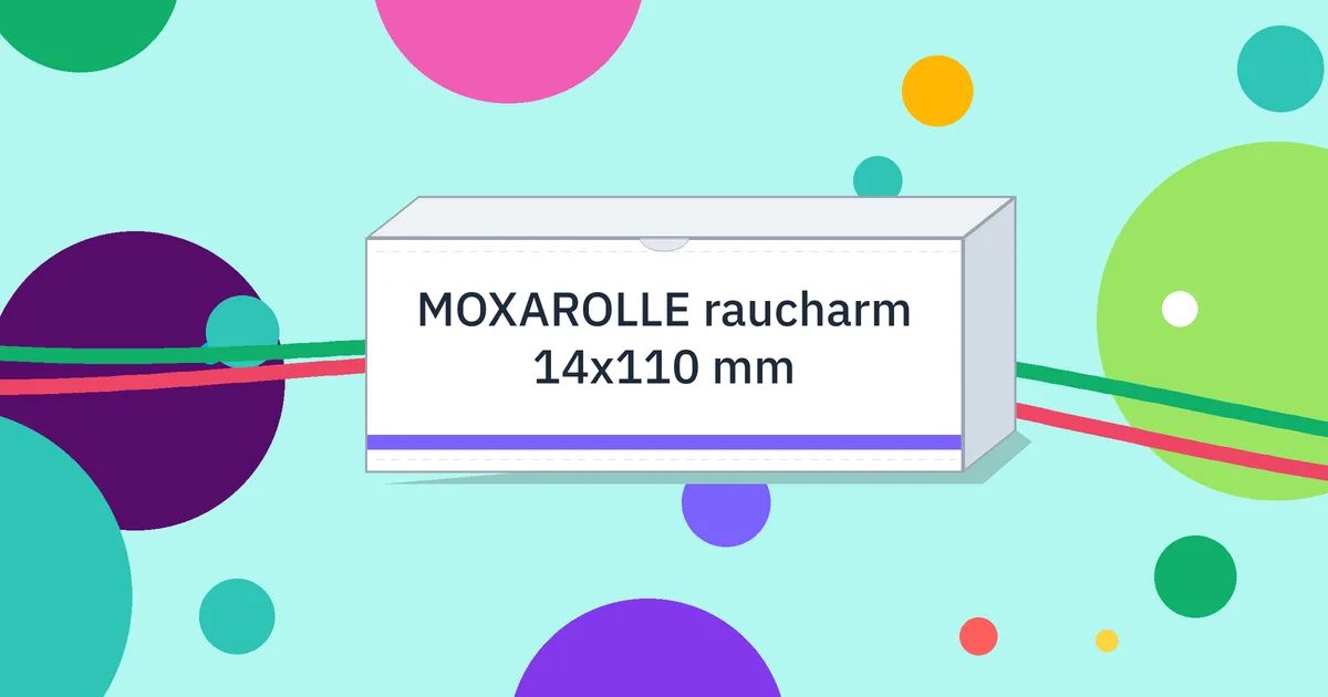 Symbolbild: Packung mit der Aufschrift MOXAROLLE raucharm 14x110 mm (PZN 02764948) – Verfügbarkeit und Bezug in Apotheken in Frankfurt am Main