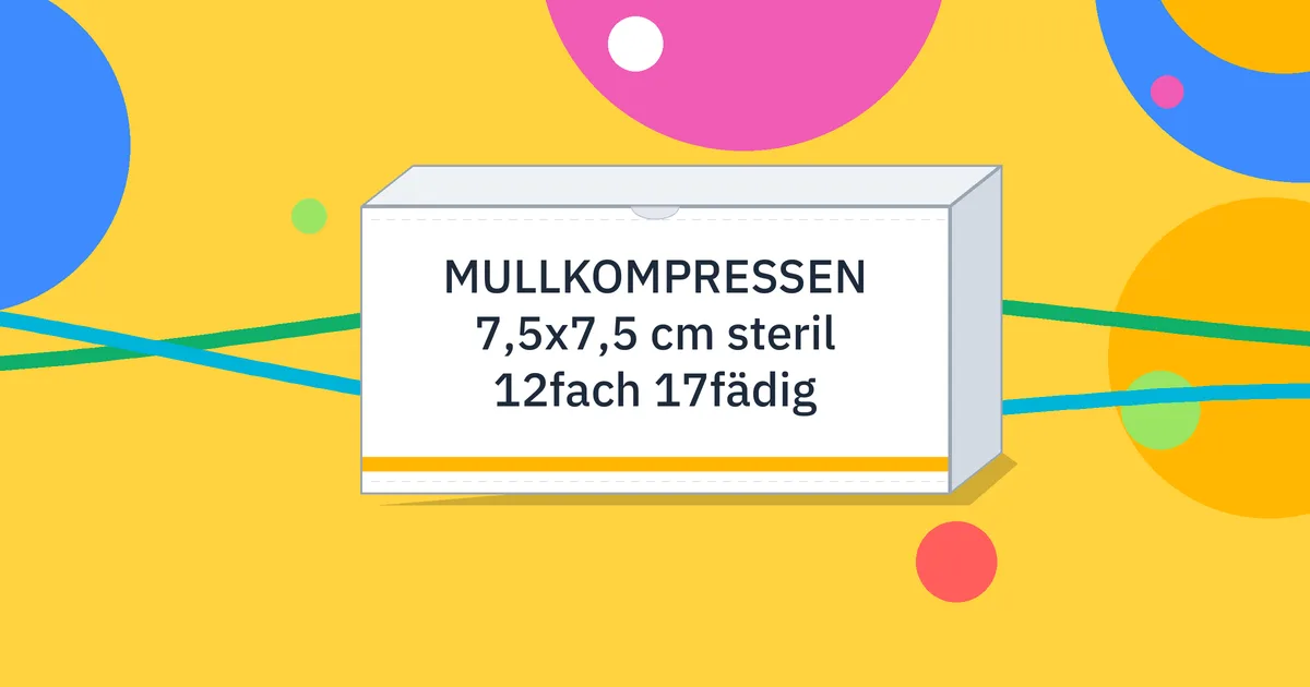 Symbolbild: Packung mit der Aufschrift MULLKOMPRESSEN 7,5x7,5 cm steril 12fach 17fädig (PZN 04643143) – Verfügbarkeit und Bezug in Apotheken in Frankfurt am Main