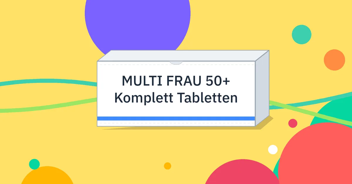 Symbolbild: Packung mit der Aufschrift MULTI FRAU 50+ Komplett Tabletten (PZN 18605867) – Verfügbarkeit und Bezug in Apotheken in Frankfurt am Main