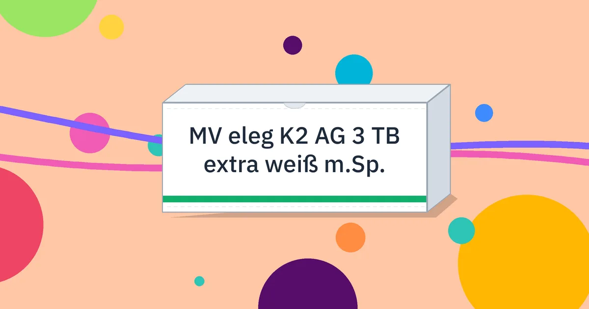 Symbolbild: Packung mit der Aufschrift MV eleg K2 AG 3 TB extra weiß m.Sp. (PZN 09877130) – Verfügbarkeit und Bezug in Apotheken in Frankfurt am Main