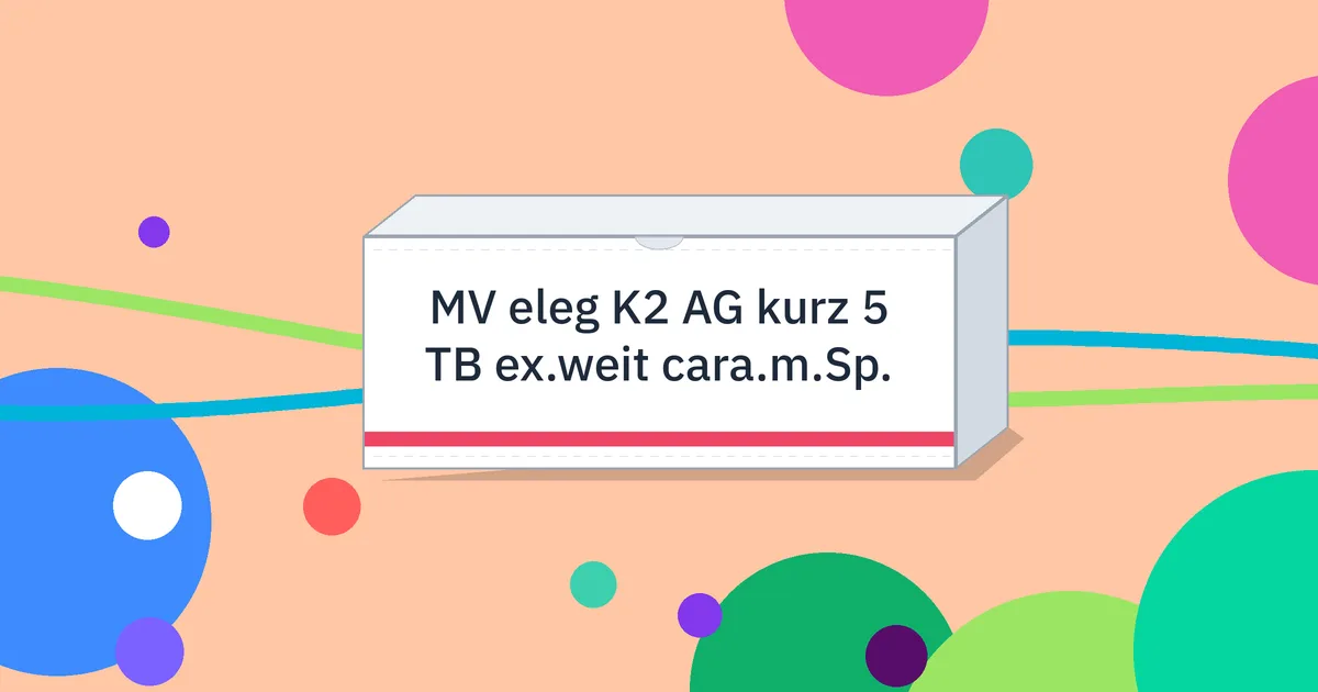 Symbolbild: Packung mit der Aufschrift MV eleg K2 AG kurz 5 TB ex.weit cara.m.Sp. (PZN 09879933) – Verfügbarkeit und Bezug in Apotheken in Frankfurt am Main