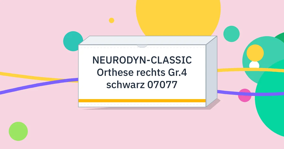 Symbolbild: Packung mit der Aufschrift NEURODYN-CLASSIC Orthese rechts Gr.4 schwarz 07077 (PZN 05017465) – Verfügbarkeit und Bezug in Apotheken in Frankfurt am Main