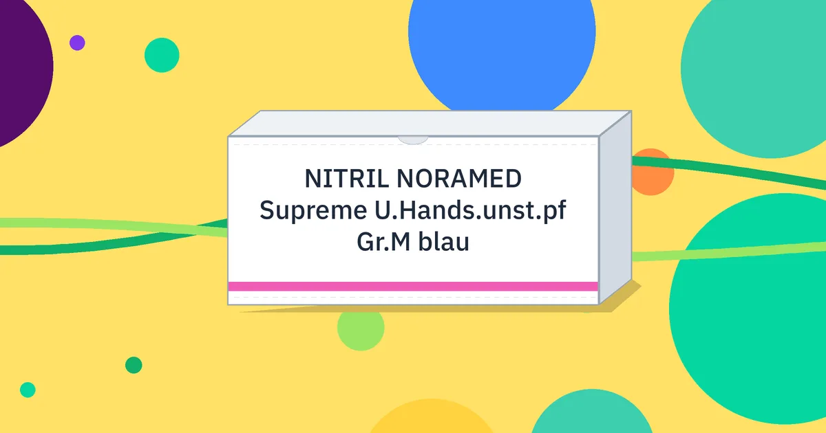 Symbolbild: Packung mit der Aufschrift NITRIL NORAMED Supreme U.Hands.unst.pf Gr.M blau (PZN 15745355) – Verfügbarkeit und Bezug in Apotheken in Frankfurt am Main