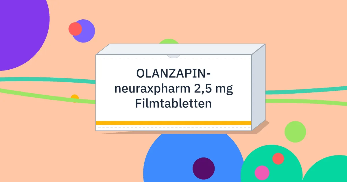 Symbolbild: Packung mit der Aufschrift OLANZAPIN-neuraxpharm 2,5 mg Filmtabletten (PZN 06082619) – Verfügbarkeit und Bezug in Apotheken in Frankfurt am Main