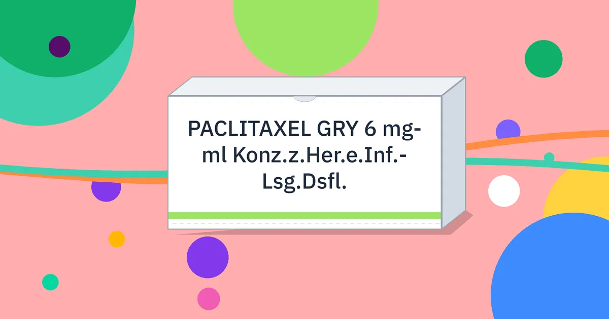 Symbolbild: Packung mit der Aufschrift PACLITAXEL GRY 6 mg-ml Konz.z.Her.e.Inf.-Lsg.Dsfl. (PZN 11551370) – Verfügbarkeit und Bezug in Apotheken in Frankfurt am Main