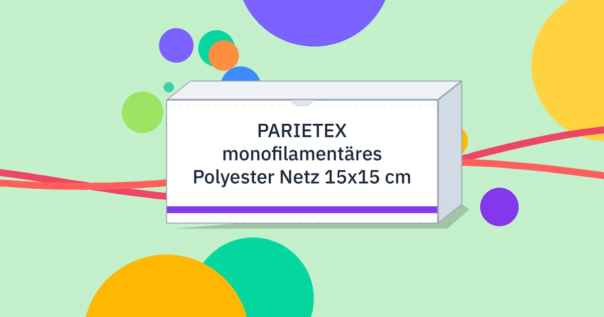 Symbolbild: Packung mit der Aufschrift PARIETEX monofilamentäres Polyester Netz 15x15 cm (PZN 07602989) – Verfügbarkeit und Bezug in Apotheken in Frankfurt am Main