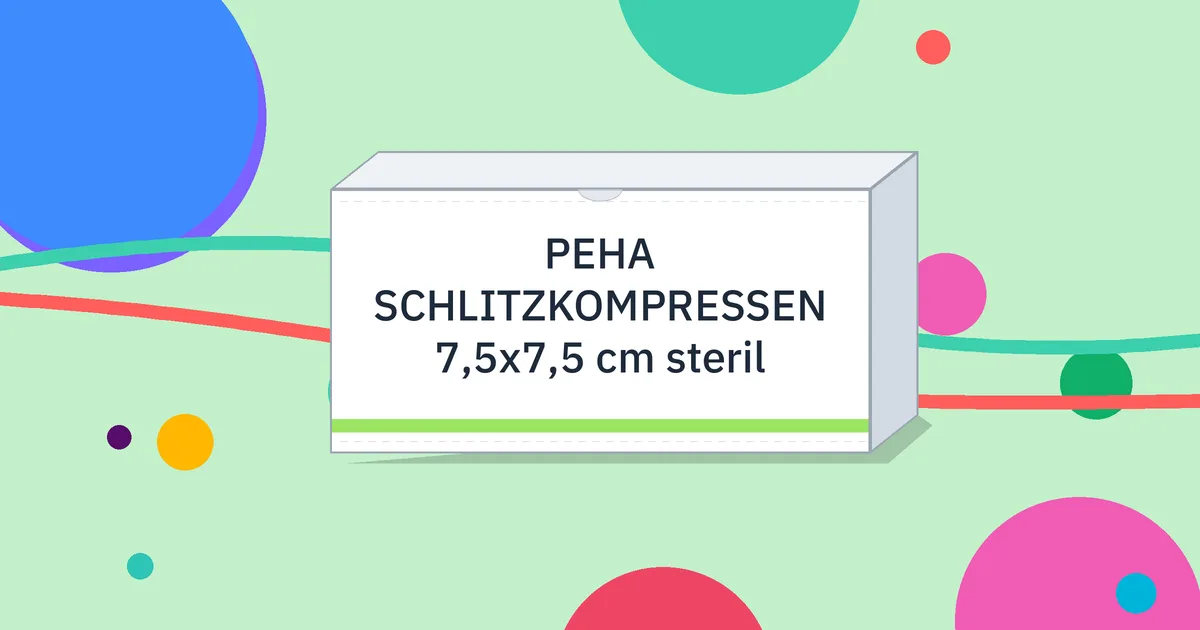 Symbolbild: Packung mit der Aufschrift PEHA SCHLITZKOMPRESSEN 7,5x7,5 cm steril (PZN 20193455) – Verfügbarkeit und Bezug in Apotheken in Frankfurt am Main