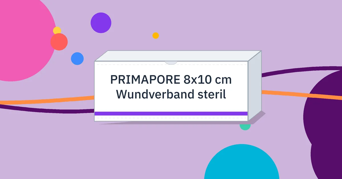 Symbolbild: Packung mit der Aufschrift PRIMAPORE 8x10 cm Wundverband steril (PZN 16784400) – Verfügbarkeit und Bezug in Apotheken in Frankfurt am Main