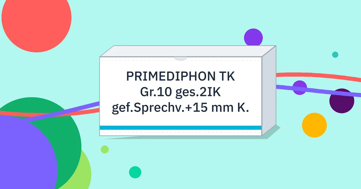 Symbolbild: Packung mit der Aufschrift PRIMEDIPHON TK Gr.10 ges.2IK gef.Sprechv.+15 mm K. (PZN 10282525) – Verfügbarkeit und Bezug in Apotheken in Frankfurt am Main