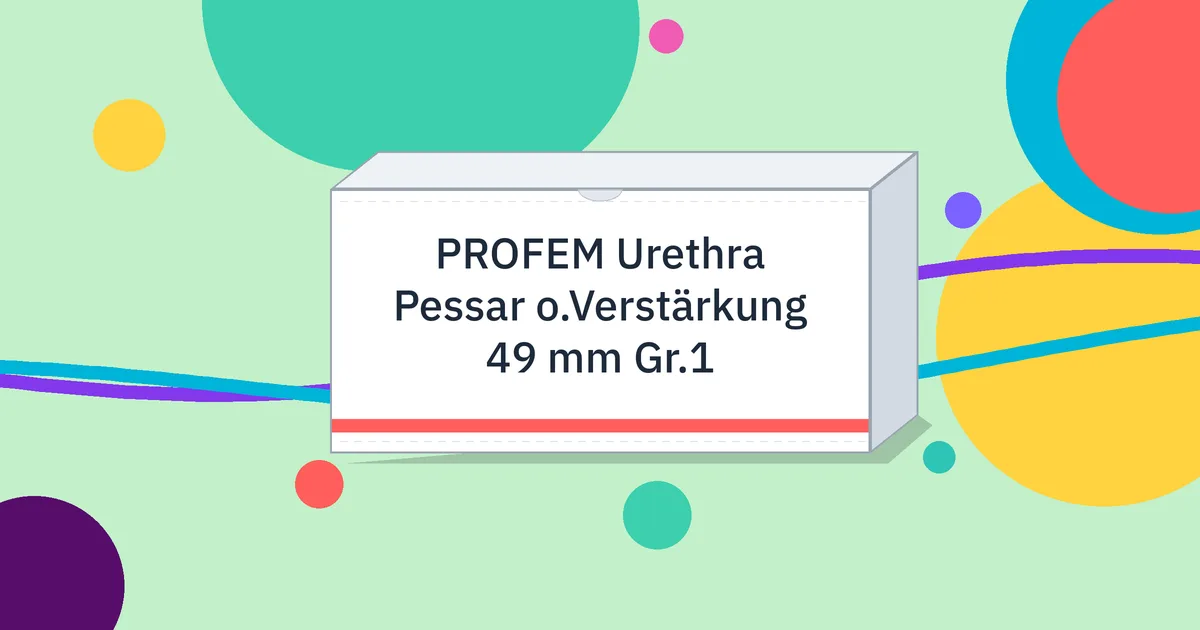 Symbolbild: Packung mit der Aufschrift PROFEM Urethra Pessar o.Verstärkung 49 mm Gr.1 (PZN 11673328) – Verfügbarkeit und Bezug in Apotheken in Frankfurt am Main