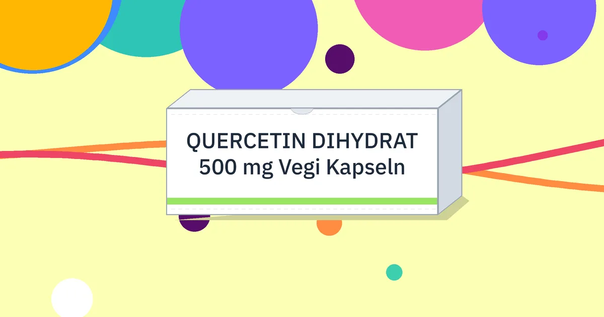Symbolbild: Packung mit der Aufschrift QUERCETIN DIHYDRAT 500 mg Vegi Kapseln (PZN 15246126) – Verfügbarkeit und Bezug in Apotheken in Frankfurt am Main