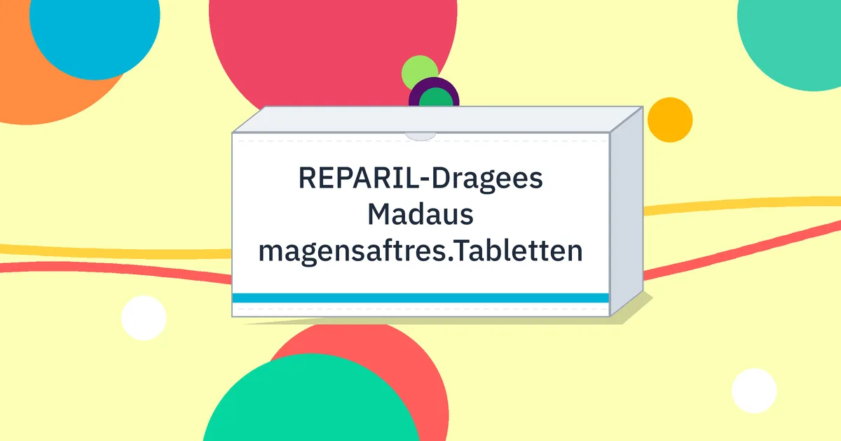 Symbolbild: Packung mit der Aufschrift REPARIL-Dragees Madaus magensaftres.Tabletten (PZN 11548273) – Verfügbarkeit und Bezug in Apotheken in Frankfurt am Main
