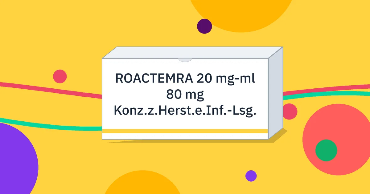 Symbolbild: Packung mit der Aufschrift ROACTEMRA 20 mg-ml 80 mg Konz.z.Herst.e.Inf.-Lsg. (PZN 10385478) – Verfügbarkeit und Bezug in Apotheken in Frankfurt am Main