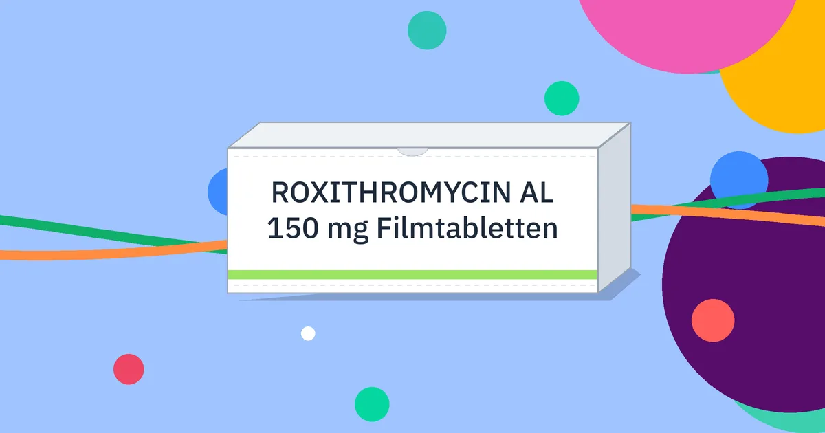 Symbolbild: Packung mit der Aufschrift ROXITHROMYCIN AL 150 mg Filmtabletten (PZN 01867770) – Verfügbarkeit und Bezug in Apotheken in Frankfurt am Main