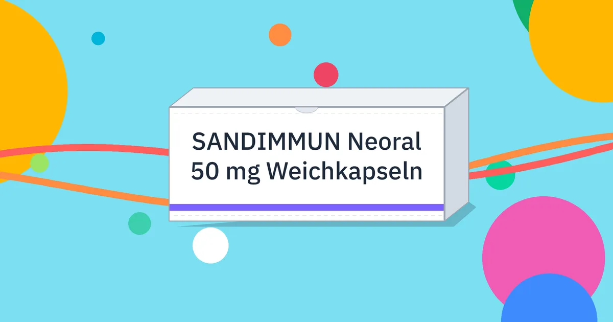 Symbolbild: Packung mit der Aufschrift SANDIMMUN Neoral 50 mg Weichkapseln (PZN 08816327) – Verfügbarkeit und Bezug in Apotheken in Frankfurt am Main