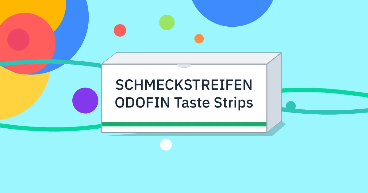 Symbolbild: Packung mit der Aufschrift SCHMECKSTREIFEN ODOFIN Taste Strips (PZN 17975303) – Verfügbarkeit und Bezug in Apotheken in Frankfurt am Main