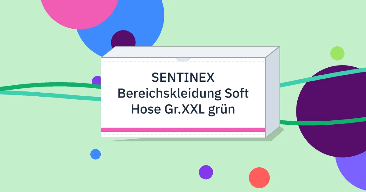 Symbolbild: Packung mit der Aufschrift SENTINEX Bereichskleidung Soft Hose Gr.XXL grün (PZN 09737481) – Verfügbarkeit und Bezug in Apotheken in Frankfurt am Main