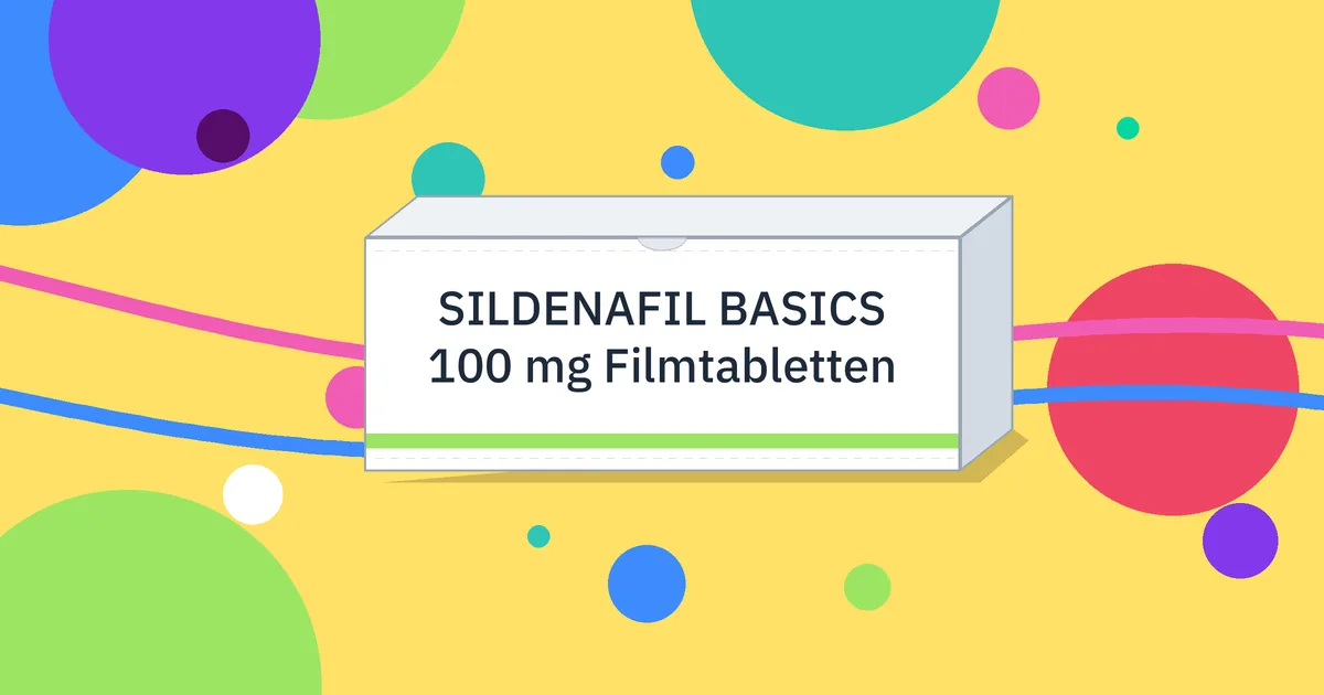 Symbolbild: Packung mit der Aufschrift SILDENAFIL BASICS 100 mg Filmtabletten (PZN 10756868) – Verfügbarkeit und Bezug in Apotheken in Frankfurt am Main