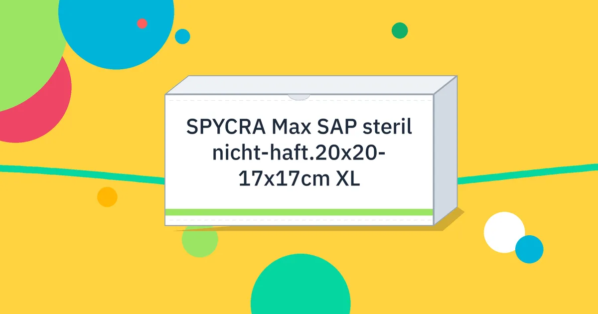 Symbolbild: Packung mit der Aufschrift SPYCRA Max SAP steril nicht-haft.20x20-17x17cm XL (PZN 18409072) – Verfügbarkeit und Bezug in Apotheken in Frankfurt am Main