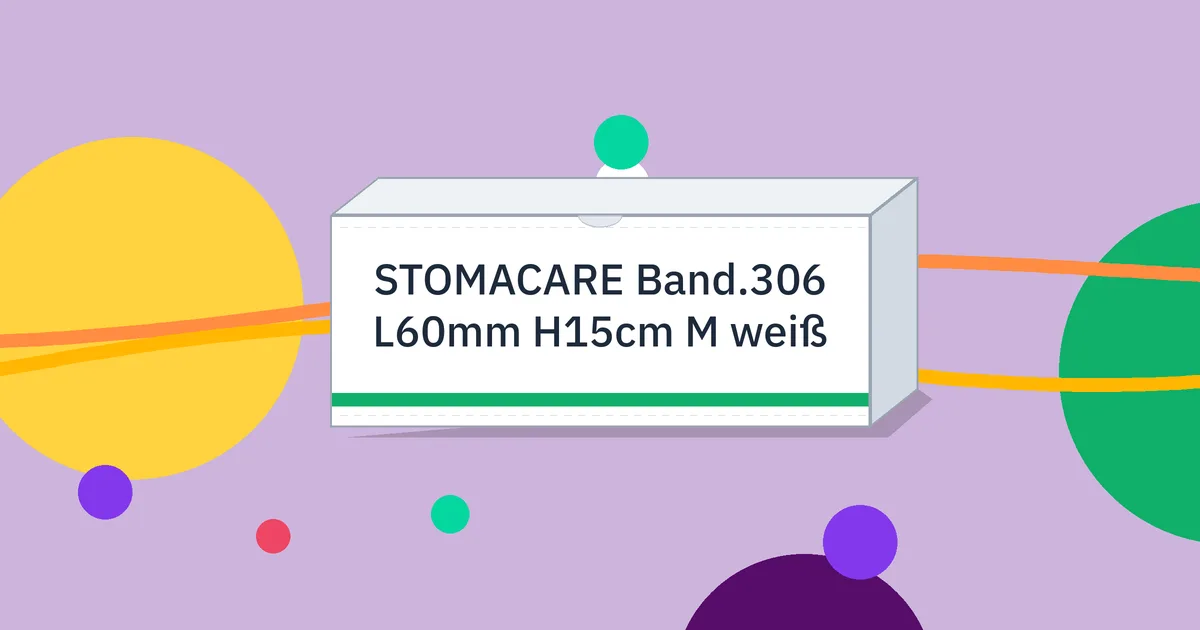 Symbolbild: Packung mit der Aufschrift STOMACARE Band.306 L60mm H15cm M weiß (PZN 07663465) – Verfügbarkeit und Bezug in Apotheken in Frankfurt am Main