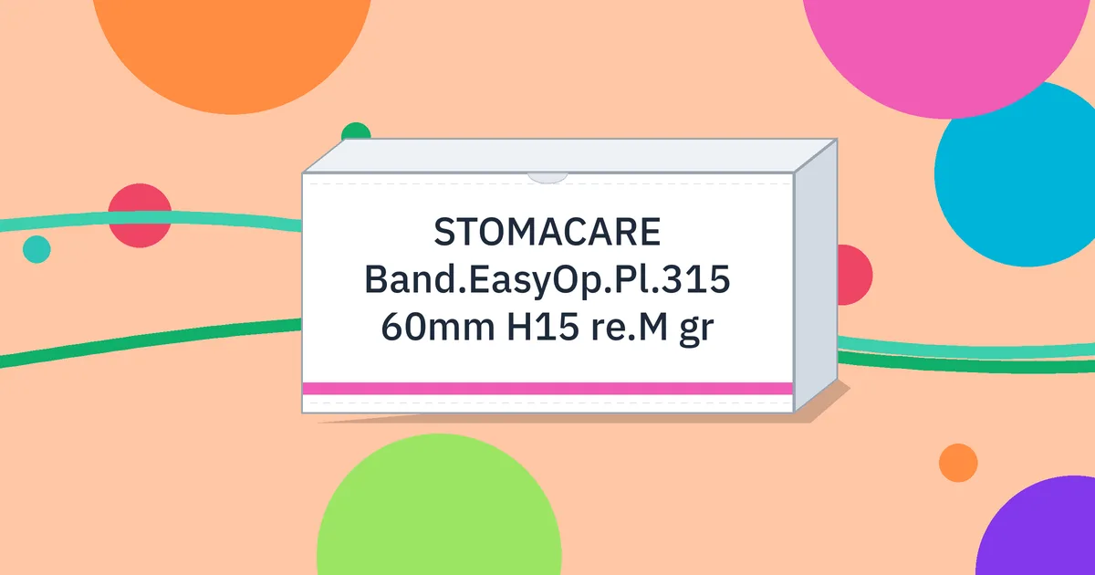 Symbolbild: Packung mit der Aufschrift STOMACARE Band.EasyOp.Pl.315 60mm H15 re.M gr (PZN 17905484) – Verfügbarkeit und Bezug in Apotheken in Frankfurt am Main