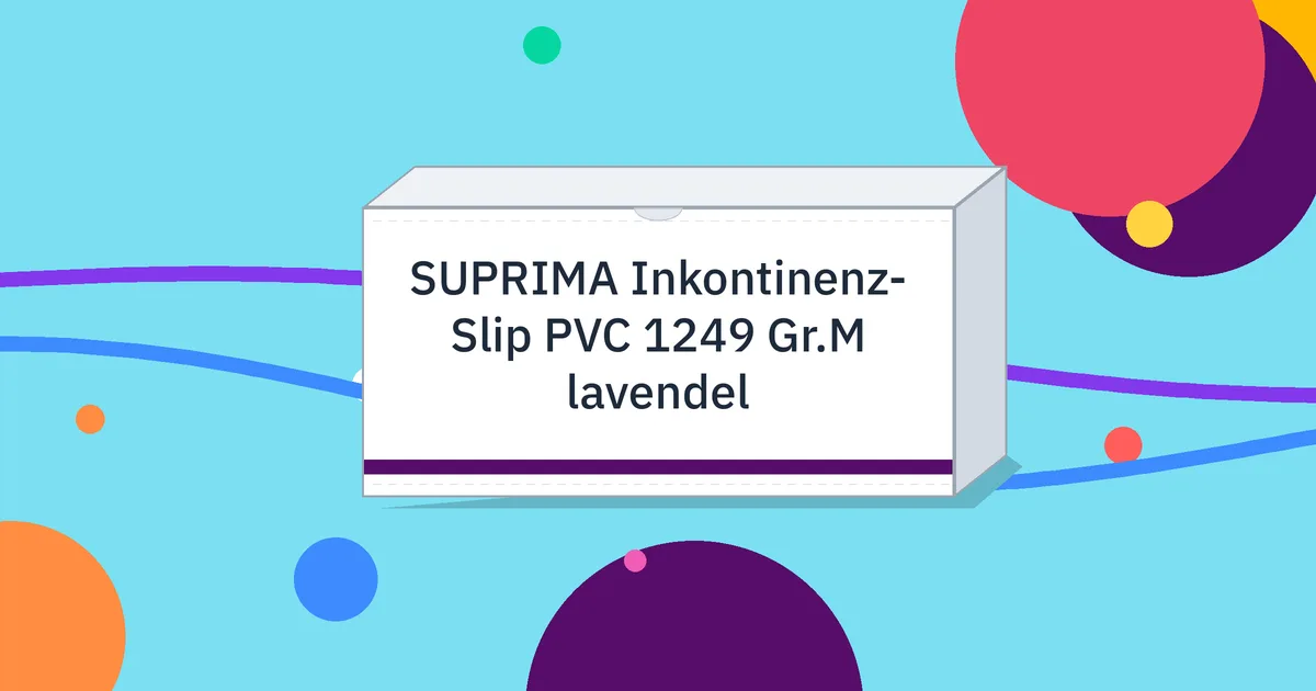 Symbolbild: Packung mit der Aufschrift SUPRIMA Inkontinenz-Slip PVC 1249 Gr.M lavendel (PZN 02059859) – Verfügbarkeit und Bezug in Apotheken in Frankfurt am Main