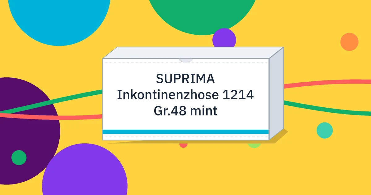 Symbolbild: Packung mit der Aufschrift SUPRIMA Inkontinenzhose 1214 Gr.48 mint (PZN 07633375) – Verfügbarkeit und Bezug in Apotheken in Frankfurt am Main