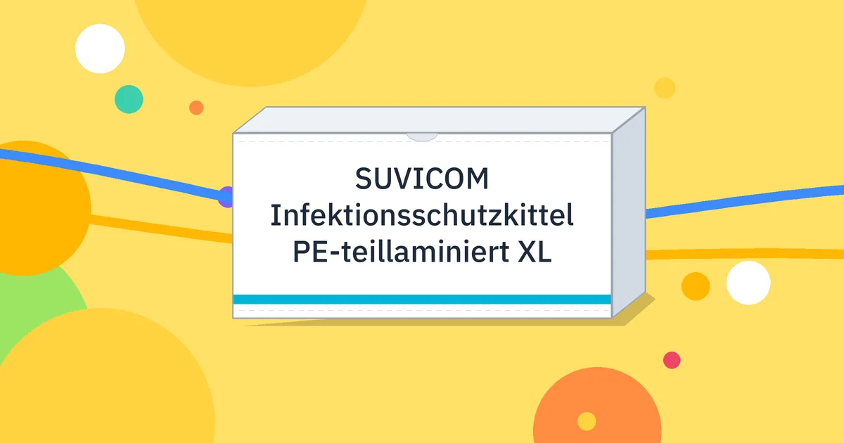Symbolbild: Packung mit der Aufschrift SUVICOM Infektionsschutzkittel PE-teillaminiert XL (PZN 17539625) – Verfügbarkeit und Bezug in Apotheken in Frankfurt am Main